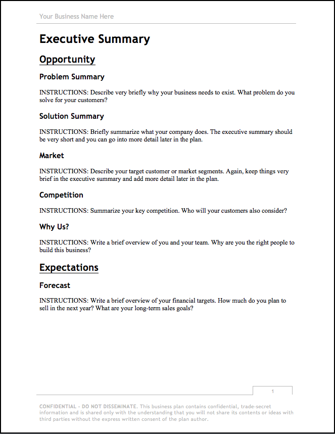 1 Business Plan Template For A Small Business